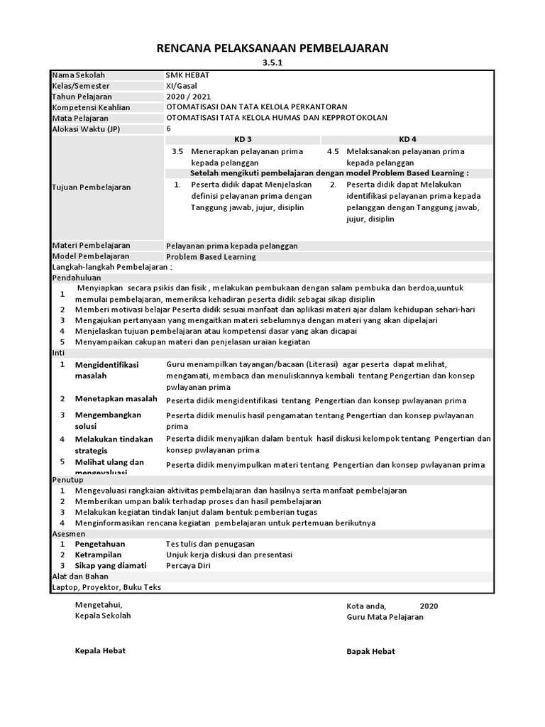 RPP OTK Humas Protokol KD 3.5.1 Pelayanan Prima | PDF | Karier & Perkembangan | Seni