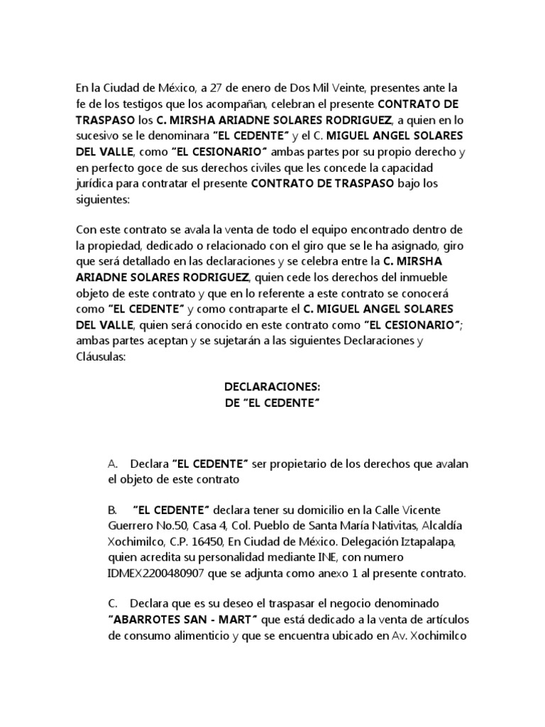 Contrato de Traspaso Mirsha Ariadne Solares Rodriguez. | PDF | Ciudad ...
