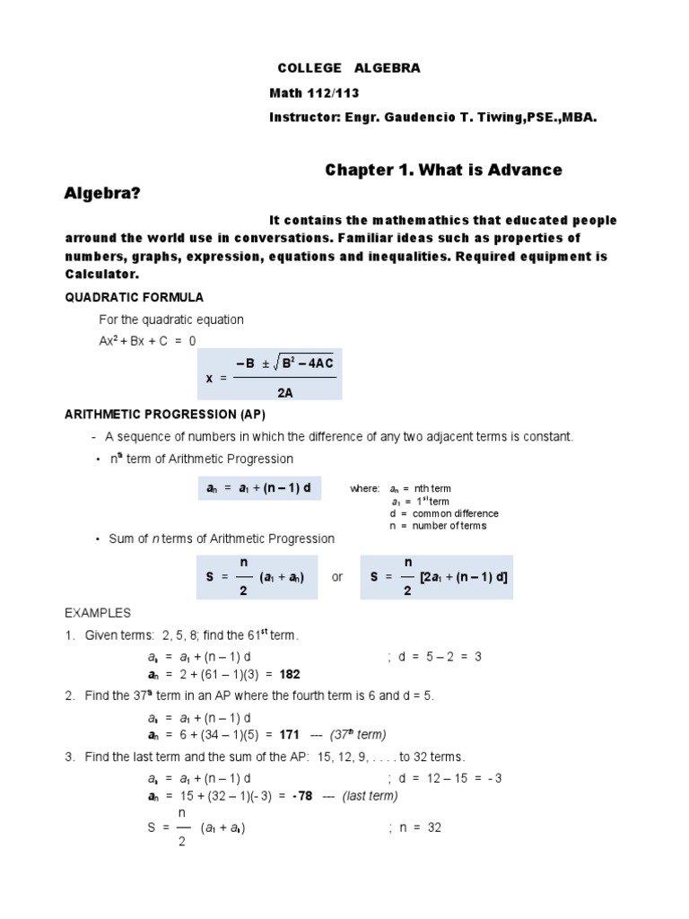 Chapter 1. What Is Advance Algebra?: Quadratic Formula | PDF | Speed ...