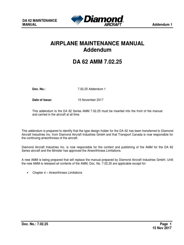 Airplane Maintenance Manual Addendum DA 62 AMM 7.02.25 | PDF | Aviation ...