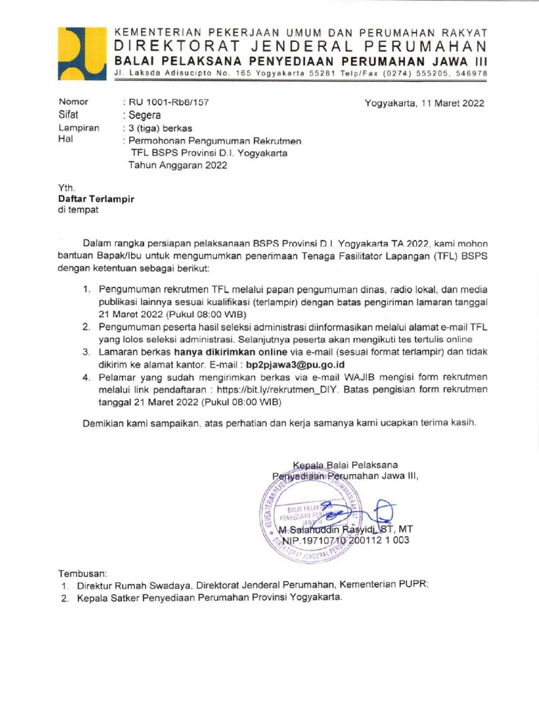 157 - Permohonan Pengumuman Rekrutmen TFL BSPS DIY 2022 Ed | PDF
