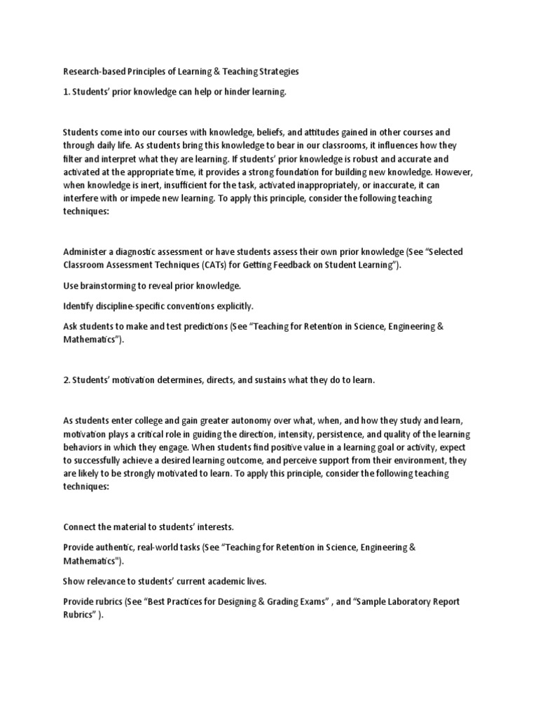 Research-Based Knowledge and Principles of Teaching and Learning | PDF ...