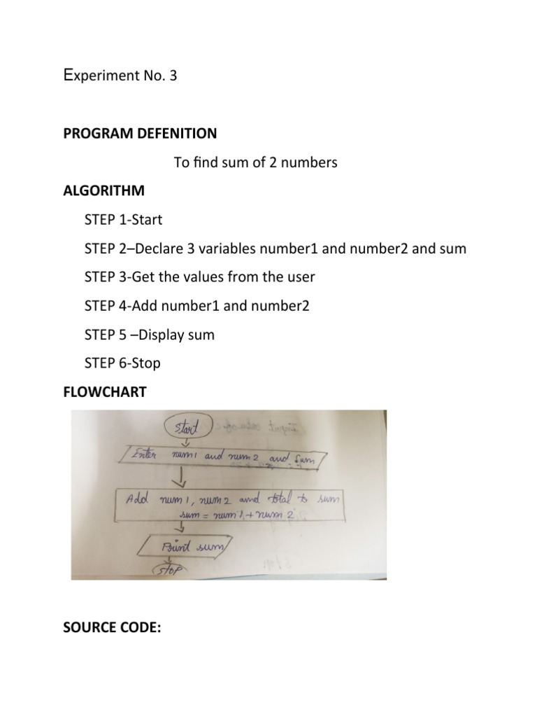 Program Defenition To Find Sum of 2 Numbers Algorithm STEP 1-Start | PDF