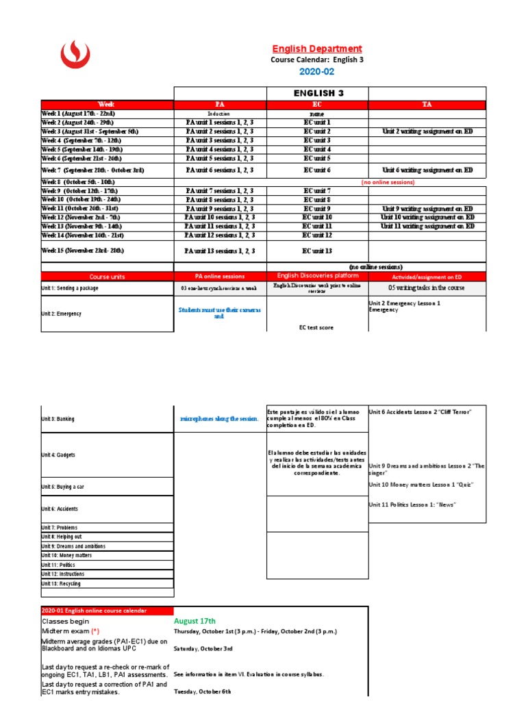 E3 Calendario Inglés UPC 2020-02 | PDF