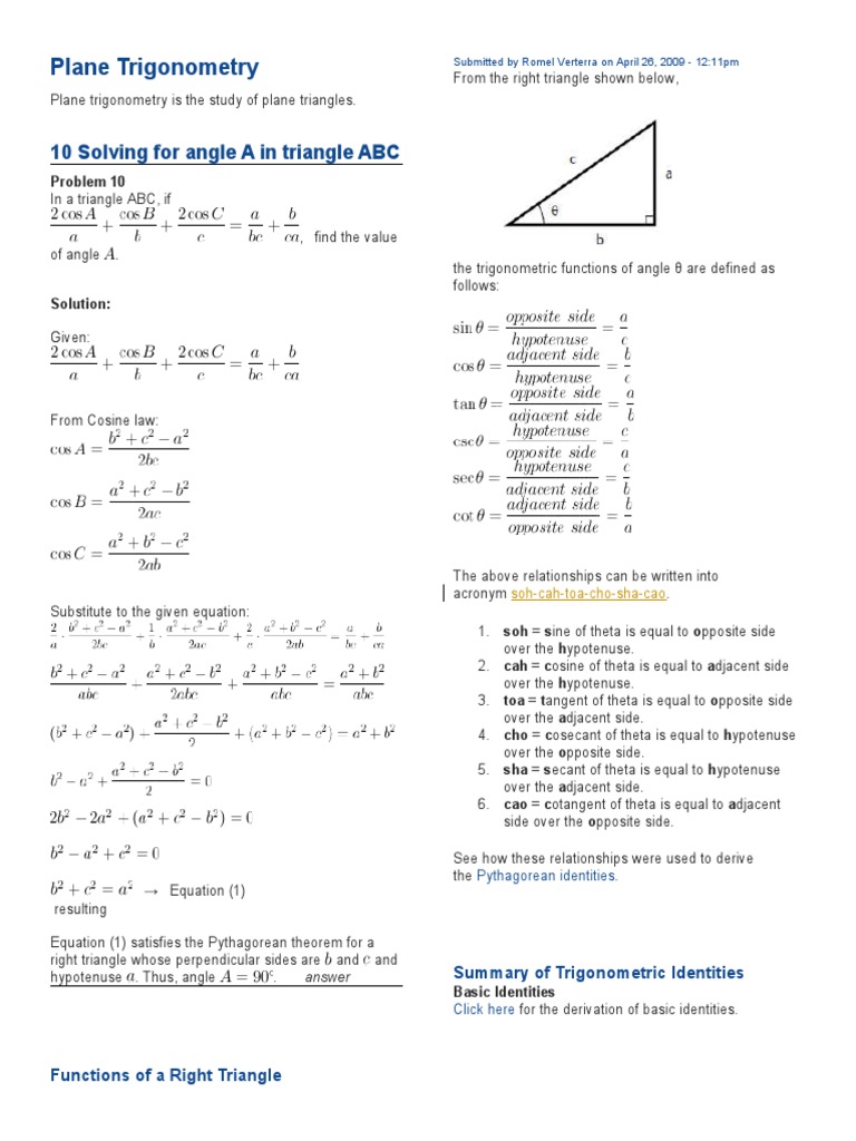Plane Trigonometry Formulas | PDF | Trigonometric Functions | Trigonometry