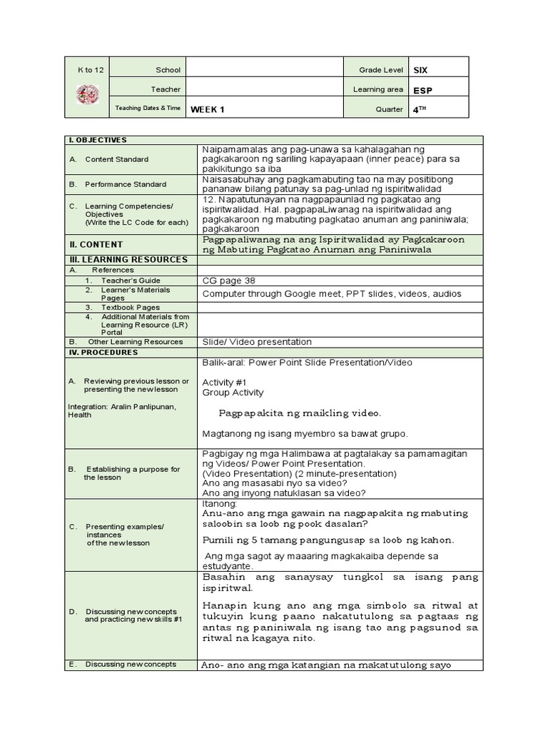 ESP LESSON PLAN COT 4thH | PDF