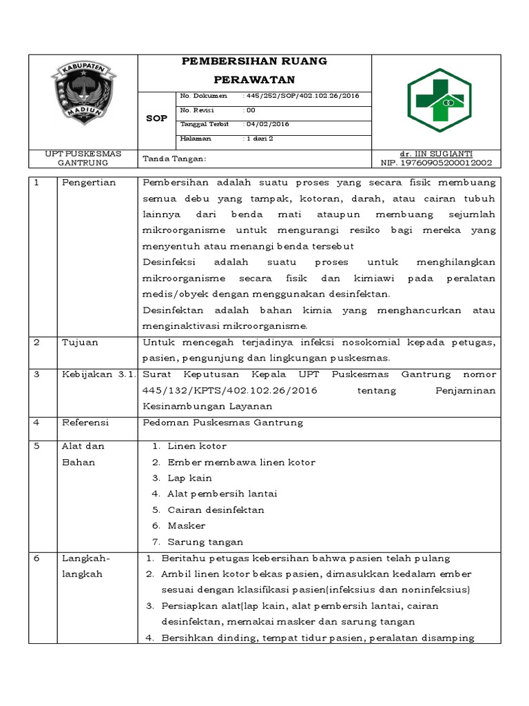 Sop Pembersihan Ruangan Perawatan | PDF