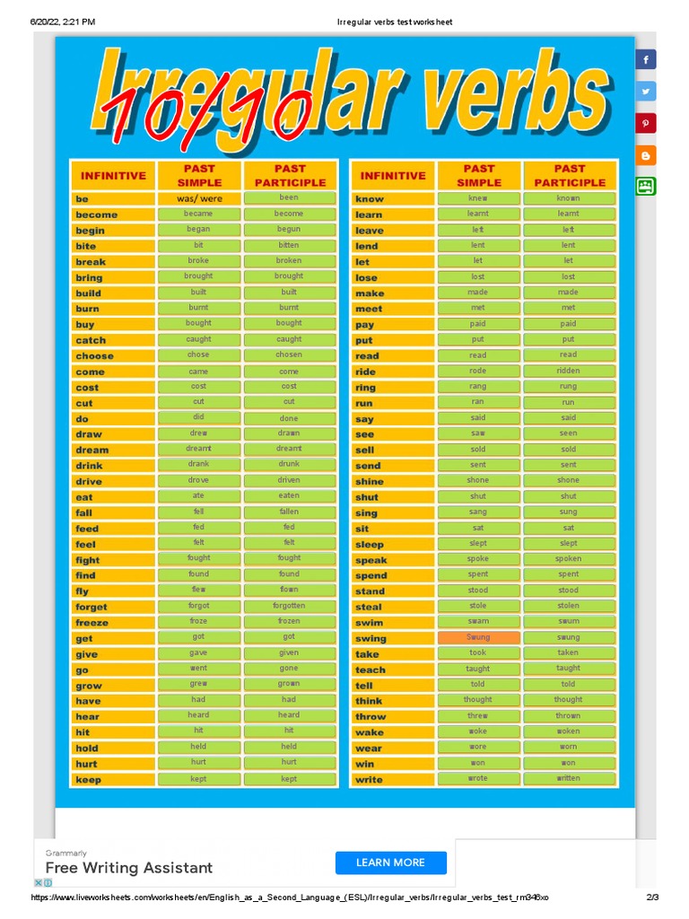Irregular Verbs Test Worksheet | PDF