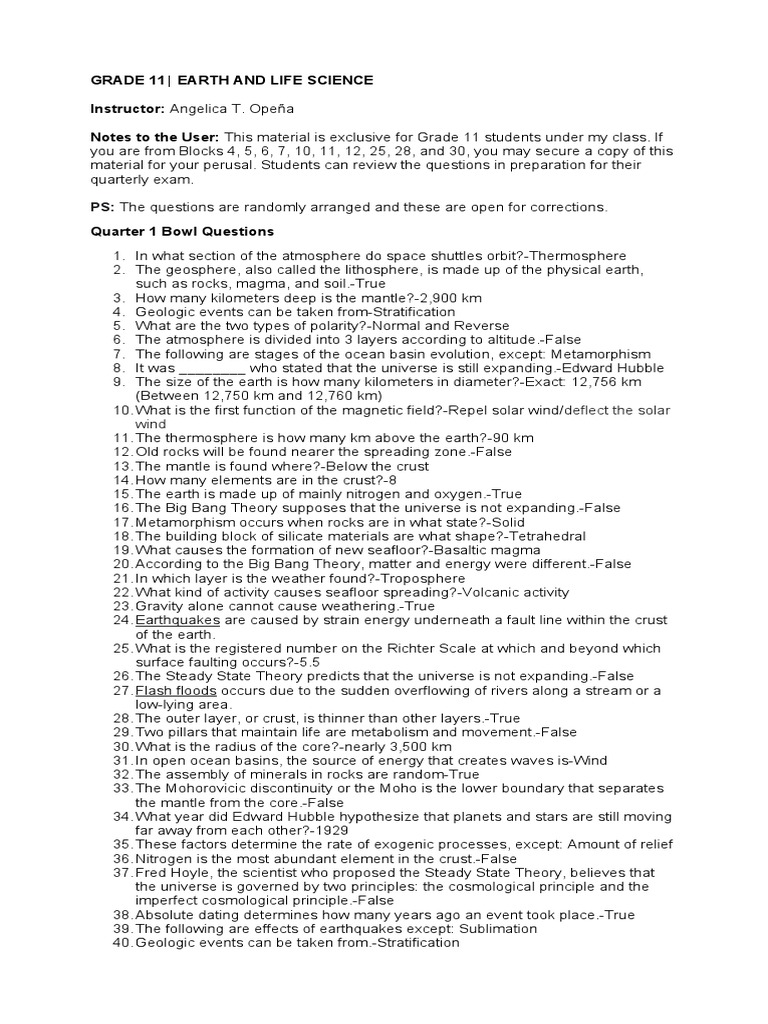 Grade 11 Earth and Life Science Instructor: Angelica T. Opeña Notes To ...