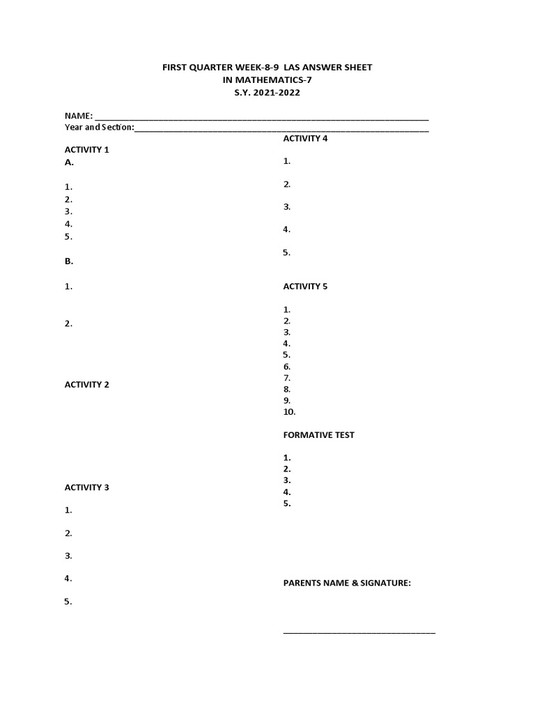 LAS Answer Sheet Math-7. Q1 WK8-9 | PDF