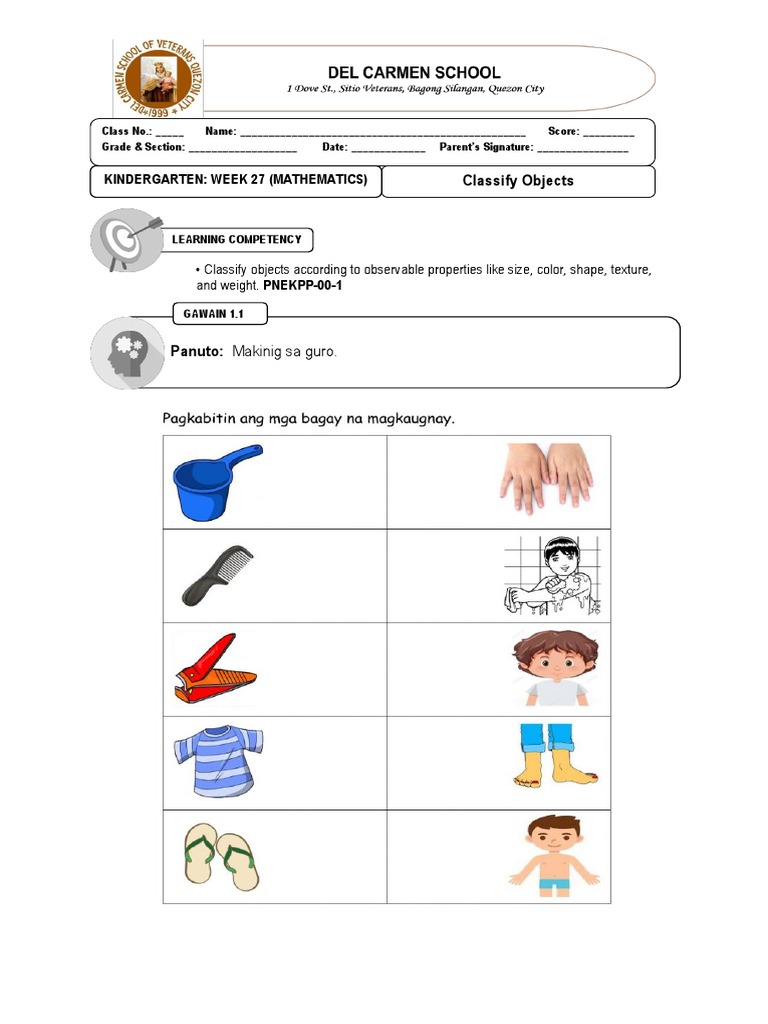 Classify Objects: Kindergarten: Week 27 (Mathematics) | PDF | Art