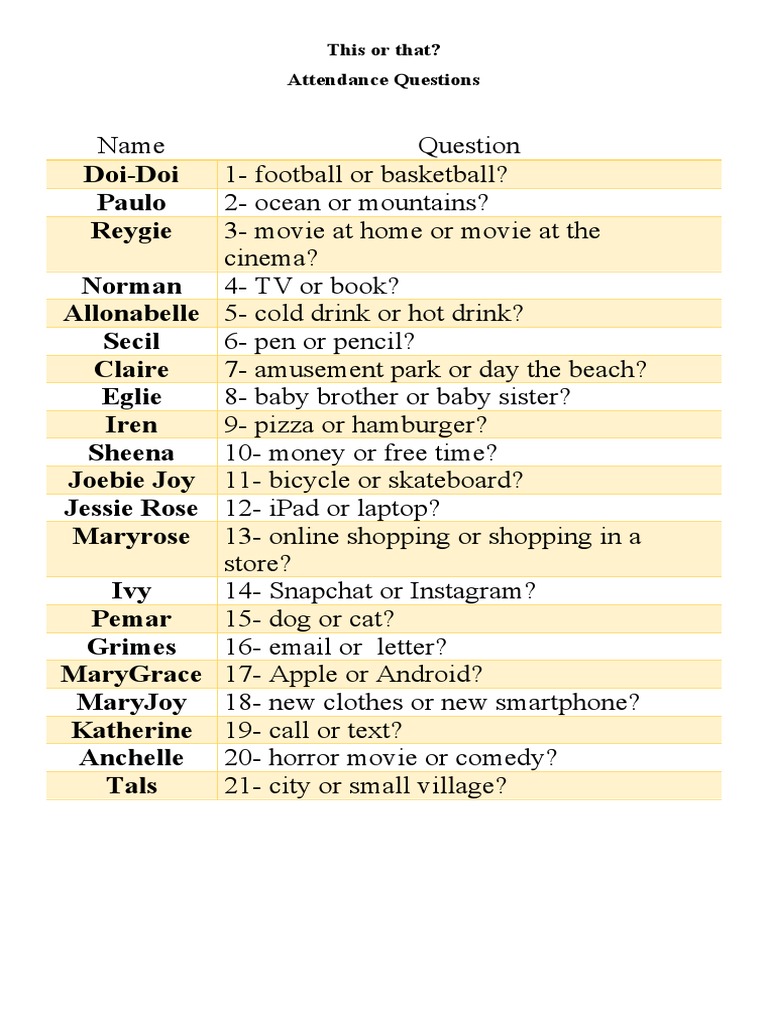 Fun This or That Questions List | PDF | Games & Activities