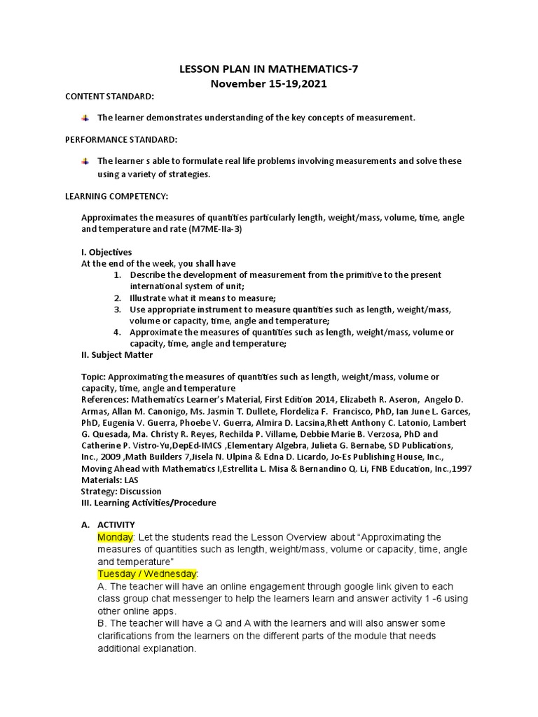 Lesson Plan in Mathematics q2 Week 1 | PDF | Weighing Scale | Litre