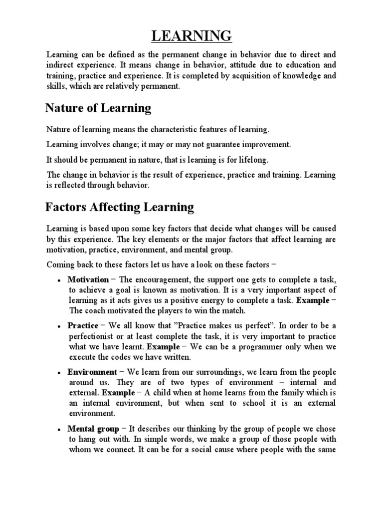 Nature of Learning | PDF | Classical Conditioning | Learning