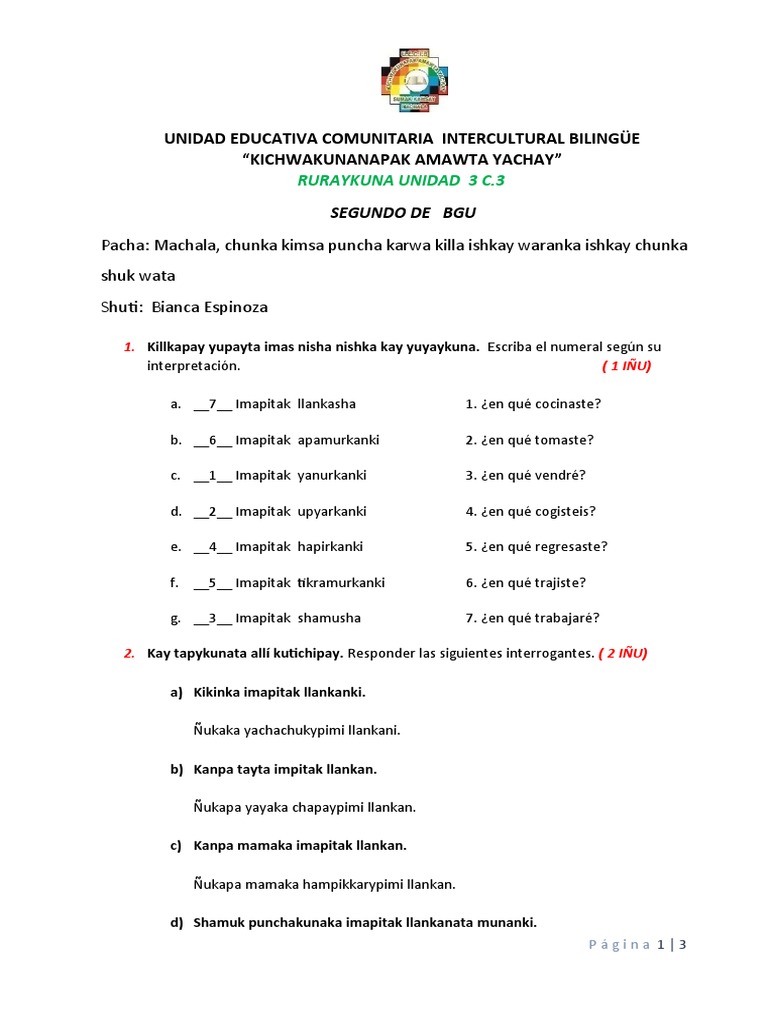 Actividades de Kichwa para BGU | PDF | Estudios de idiomas extranjeros