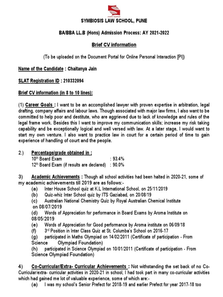 BBA LL.B Hons Admission CV Overview | PDF | Legal Education