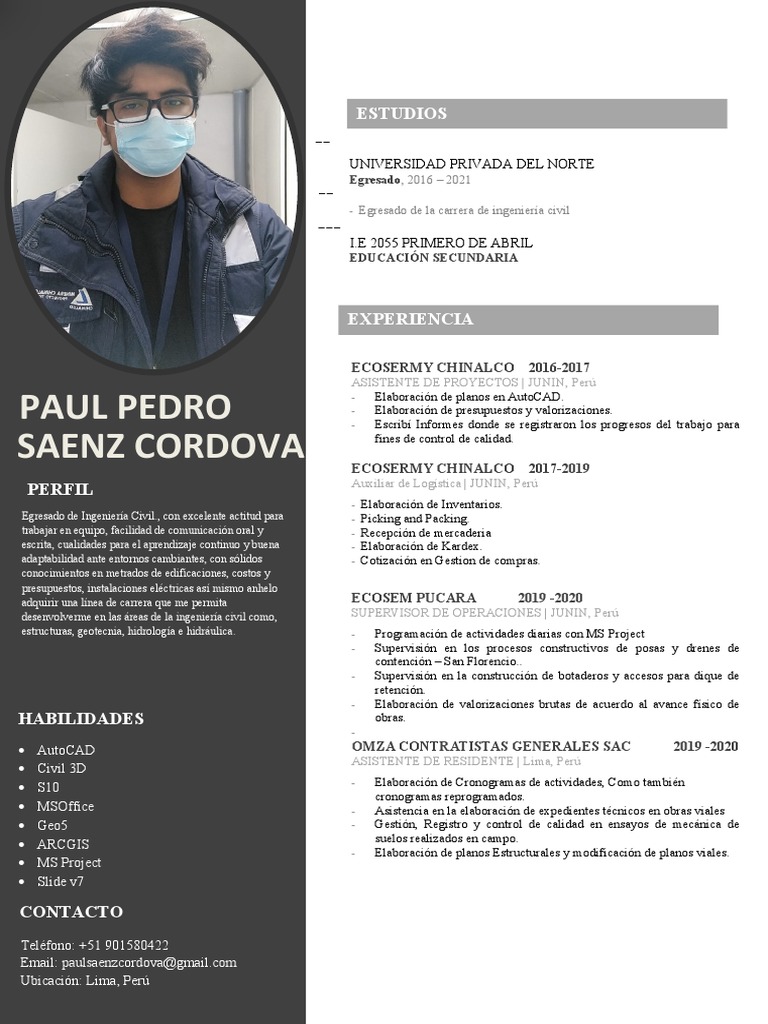 CV Paul Saenz. | PDF | Ingeniero civil | Perú