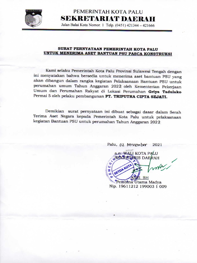 Surat Pernyataan Pemerintah Kota Palu Untuk Menerima Aset Bantuan Psu | PDF