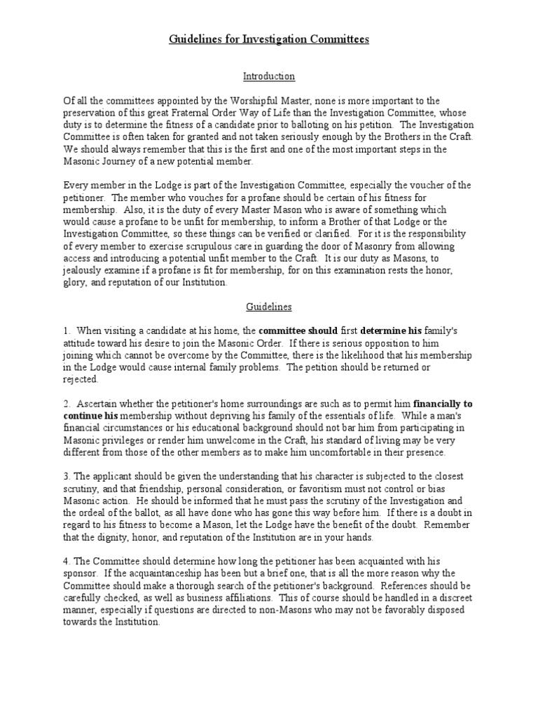 Investigation Committee Guidelines | PDF | Freemasonry | Masonic Lodge