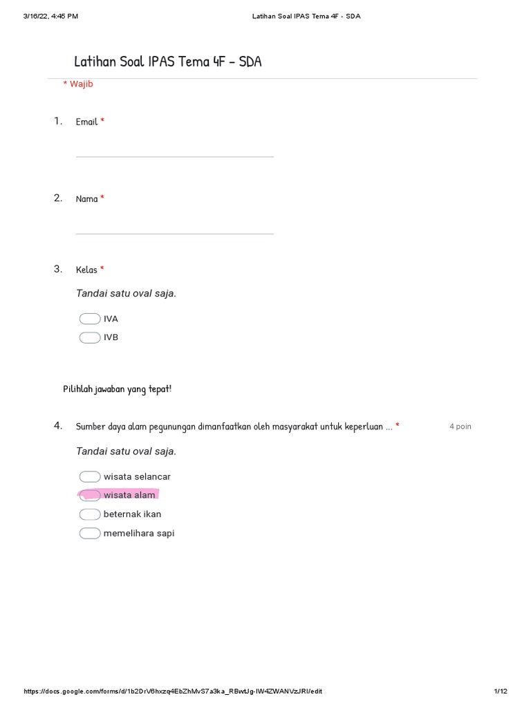 Latihan Soal IPS Tema 4F - Google Formulir | PDF