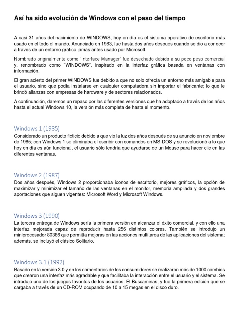 S1 - Lectura 1 - Evolución de Windows | PDF | Microsoft Windows | Microsoft