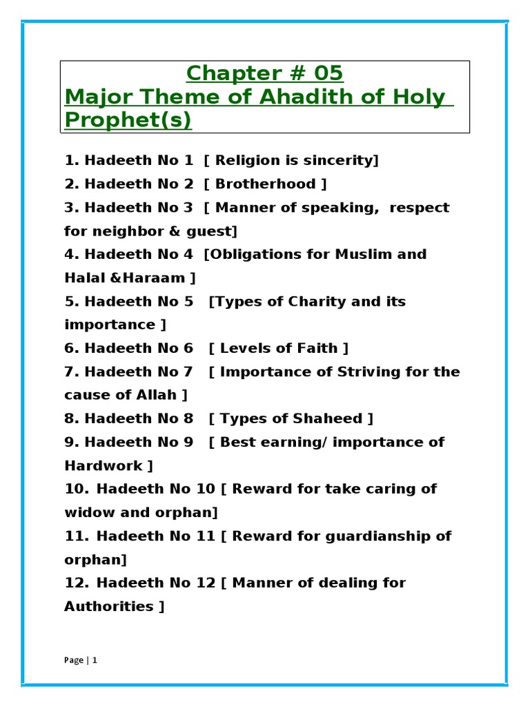 Chapter # 05 Major Theme of Ahadith of Holy Prophet(s) : Page - 1 | PDF ...