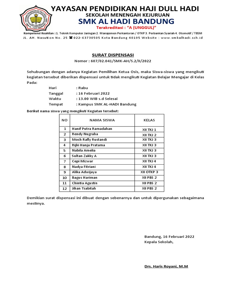 SURAT DISPENSASI Osis | PDF