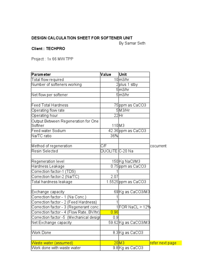 Design Calculation Sheet For Softener Unit Client: TECHPRO | PDF ...