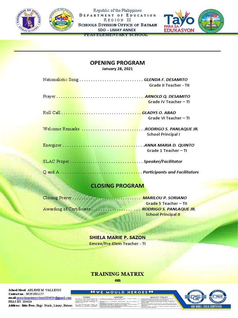 Opening Program: D E S D O B Sdo - Limay Annex Peas Elementary School ...