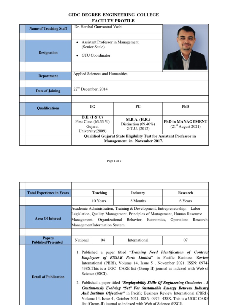 Faculty Profile of Dr. Harshal Gunvantrai Vashi Highlighting His ...