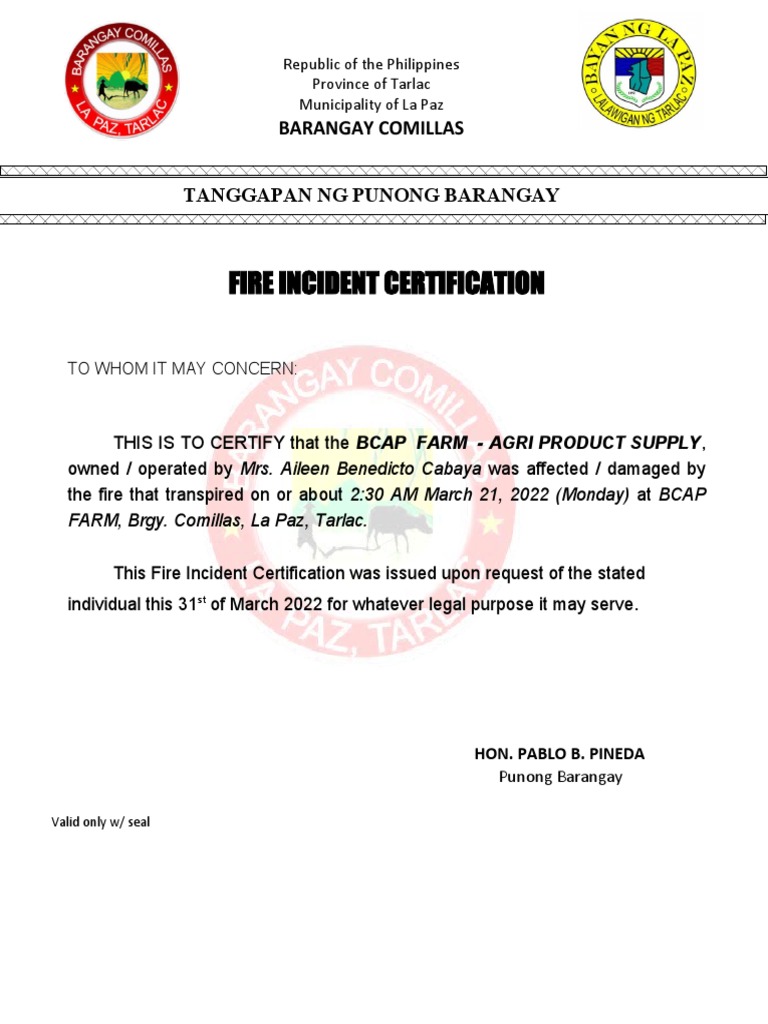 Fire Incident Certification for BCAP Farm | PDF