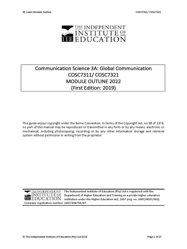 Communication Science 3A: Global Communication COSC7311/ COSC7321 ...
