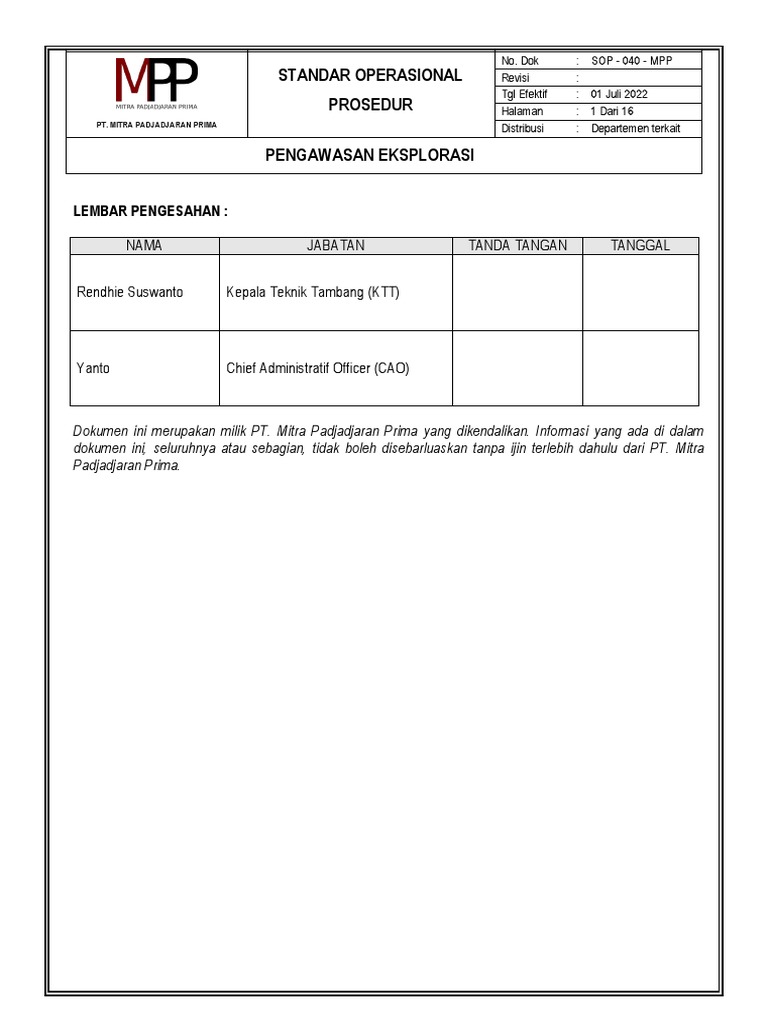 SOP 040-MPP - Pengawasan Eksplorasi | PDF