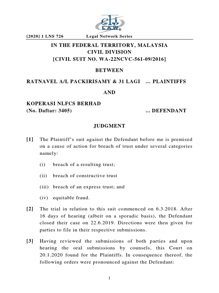 Ratnavel Al Packirisamy & 31 Lagi V Koperasi Nlfcs Berhad | PDF | Trust ...