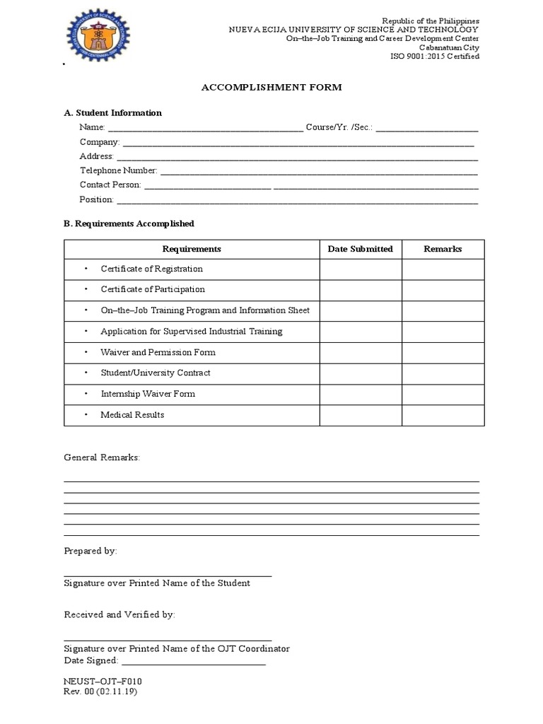 NEUST-OJT-F010 Accomplishment Form | PDF