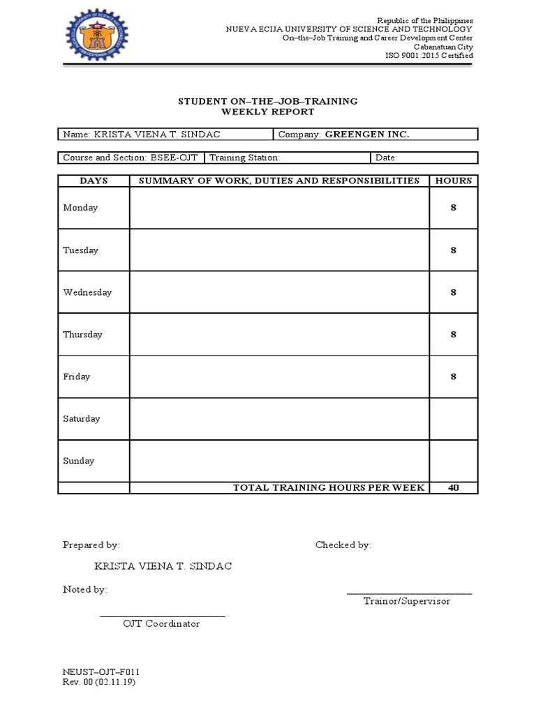 NEUST-OJT-F011 Weekly Report | PDF