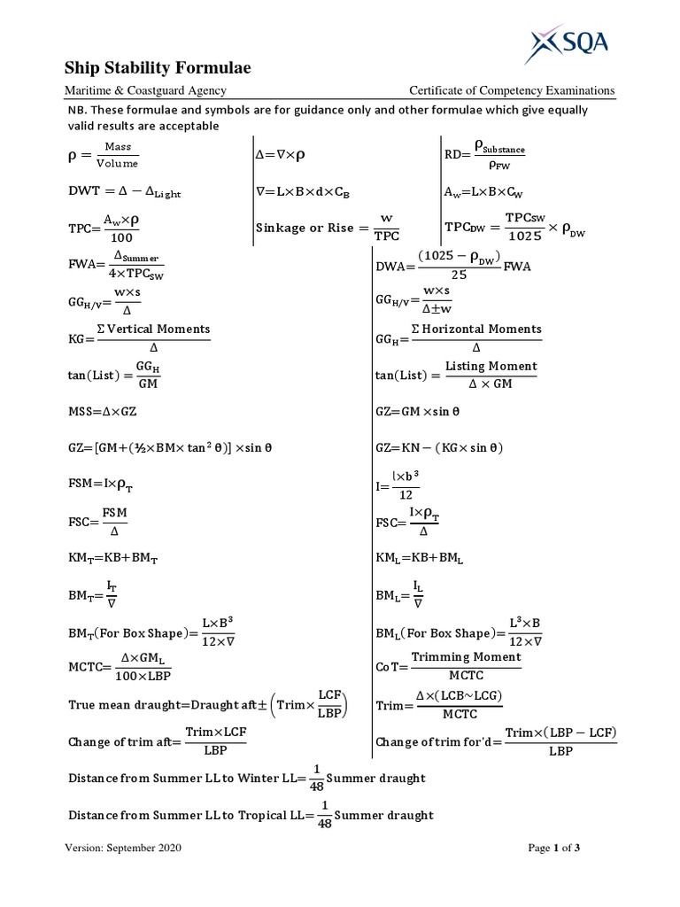SQA Stability - Latest Formulas | PDF | Fluid Mechanics | Ships