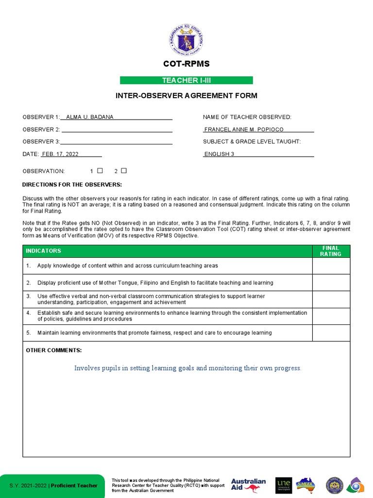 (Appendix 3F) COT-RPMS Inter-Observer Agreement Form For T I-III For SY ...