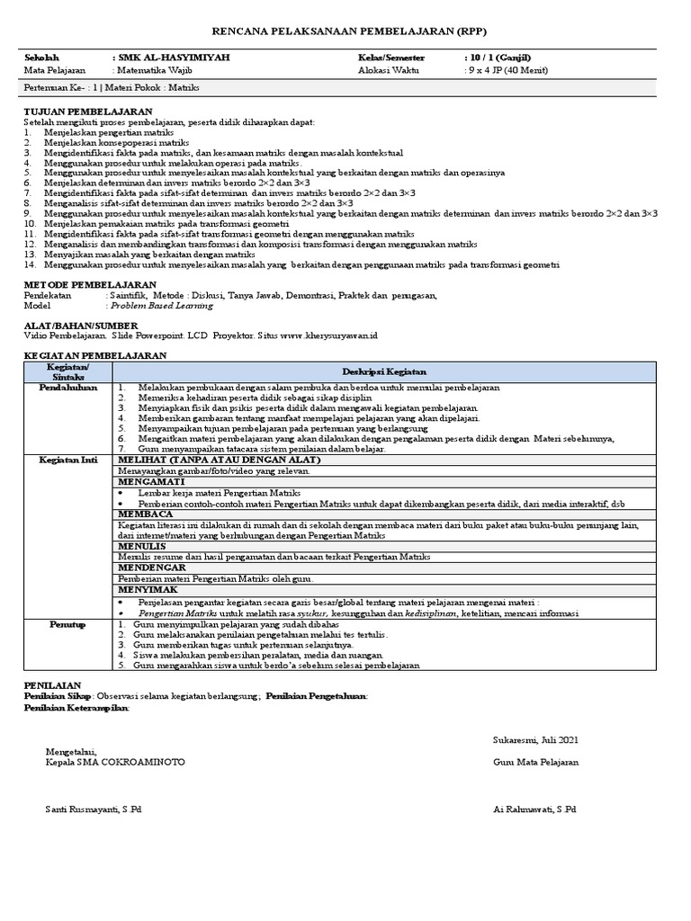 RPP MTK Xi Sma Matriks | PDF | Komputer | Teknologi & Rekayasa