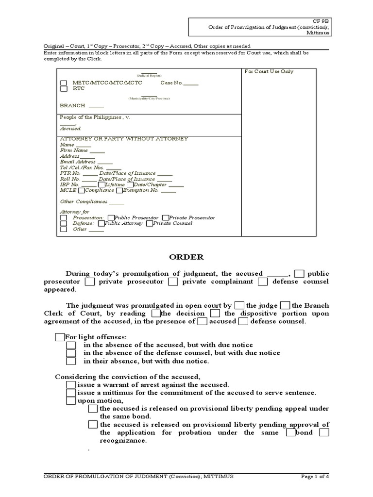 Mittimus Order and Judgment Promulgation | PDF | Judgment (Law) | Bail