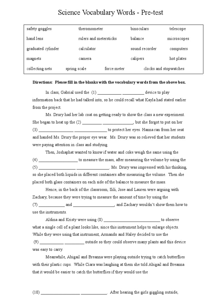 Science Vocabulary Pre-Test Exercise | PDF | Nature