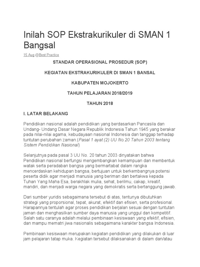 Inilah SOP Ekstrakurikuler Di SMAN 1 Bangsal | PDF | Karier ... Inilah SOP Ekstrakurikuler Di SMAN 1 Bangsal | PDF | Karier ...