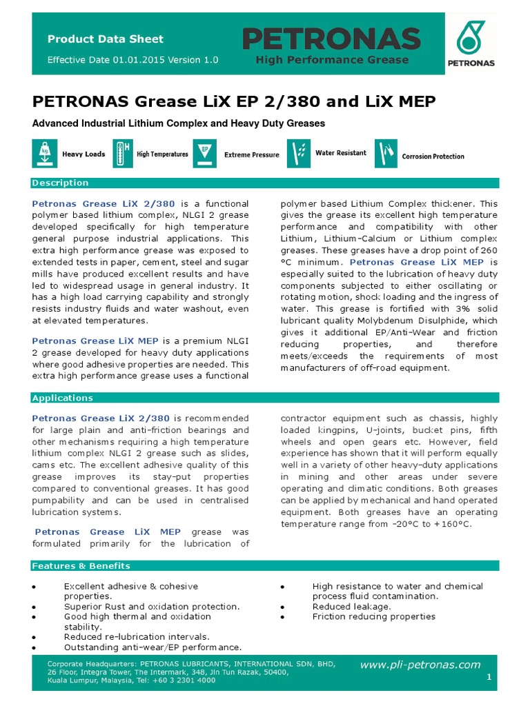 Petronas Grease Lix Ep 2/380 and Lix Mep: Advanced Industrial Lithium Complex and Heavy Duty ...