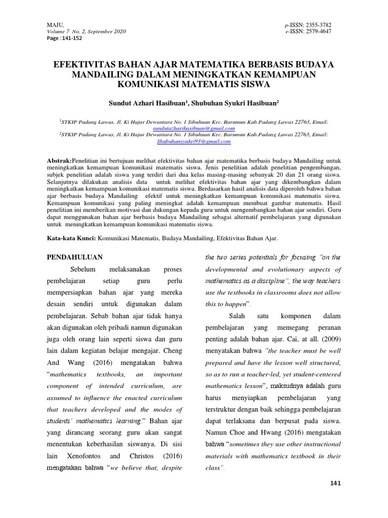 Efektivitas Bahan Ajar Matematika Berbasis Budaya Mandailing | PDF