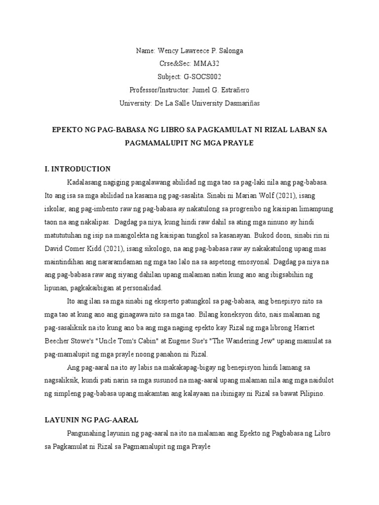 Epekto NG Pag-Babasa NG Libro Sa Pagkamulat Ni Rizal Laban Sa ...