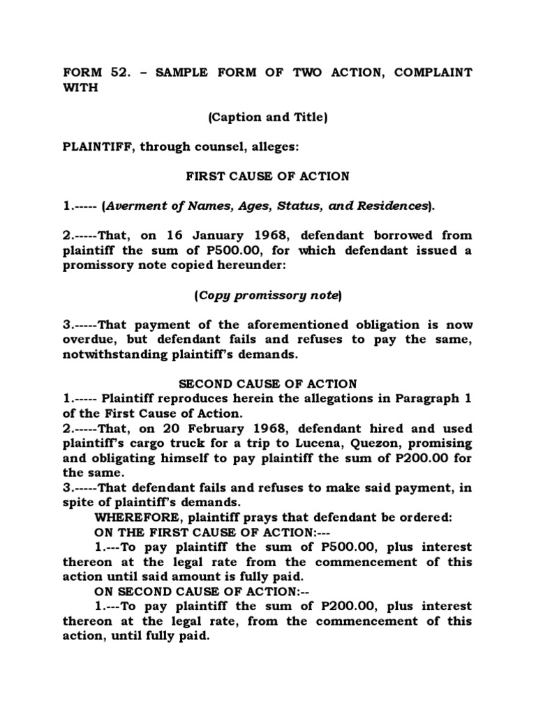 Form 0052 Two Causes of Action, Complaint With | PDF | Law