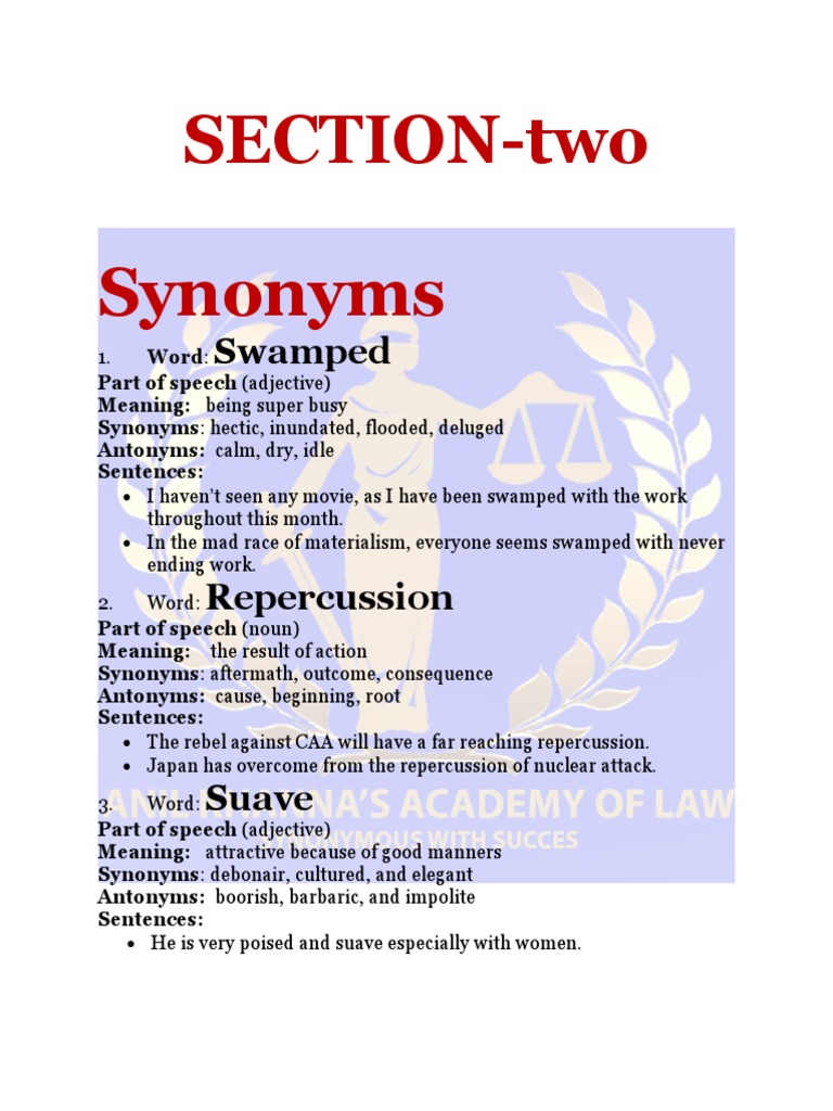 SECTION-two Synonyms: Swamped | PDF | Odor | Extraversion And Introversion