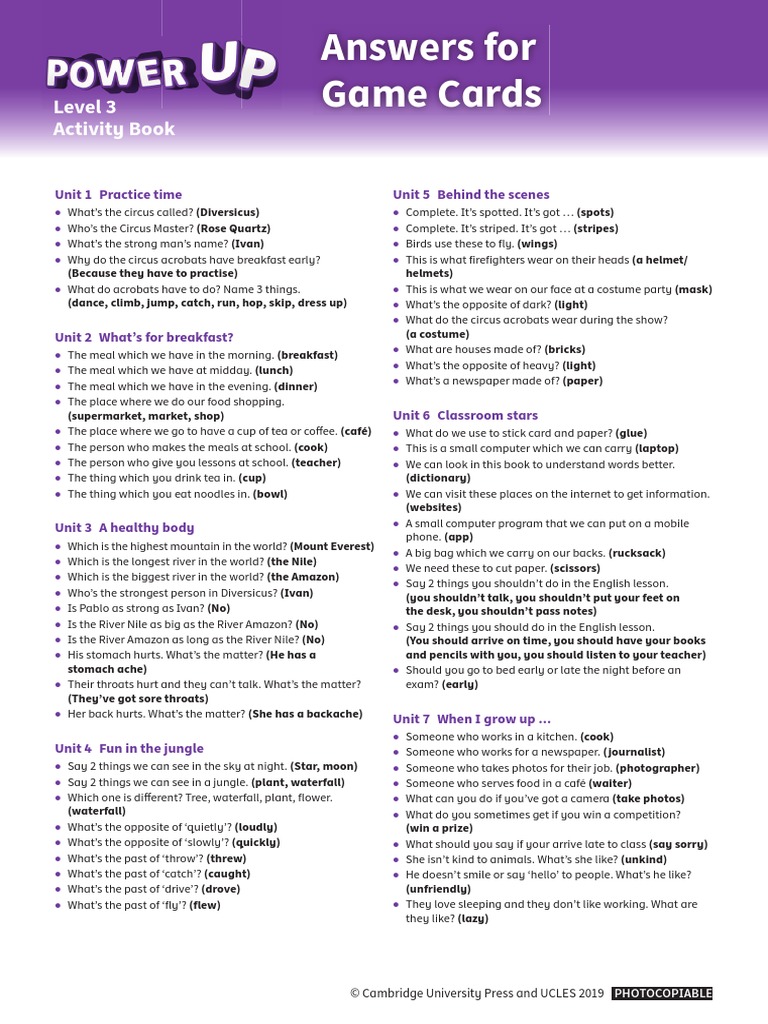 Answers For Game Cards: Level 3 Activity Book | PDF | Meal