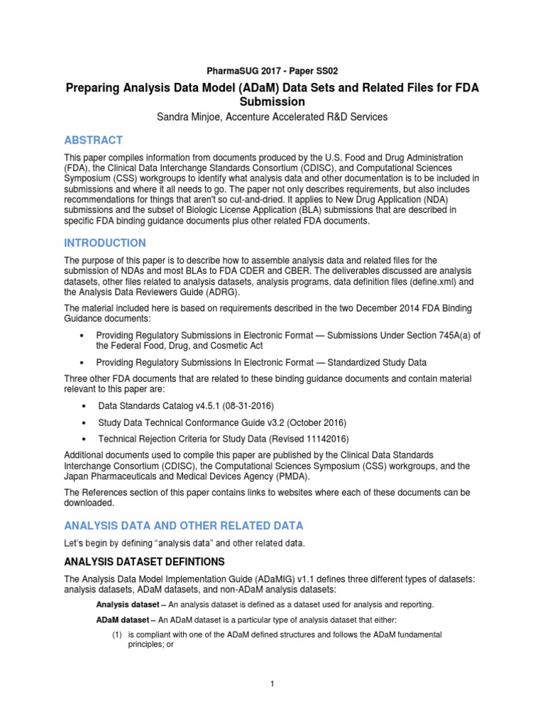 Preparing Analysis Data Model (ADaM) Data Sets and Related Files For FDA Submission | PDF ...