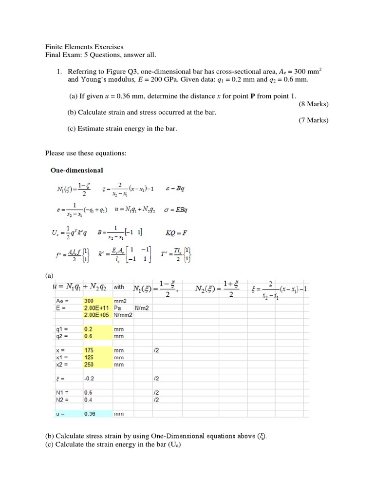 Finite Element Exam: Stress & Strain Calculations | PDF | Teaching ...